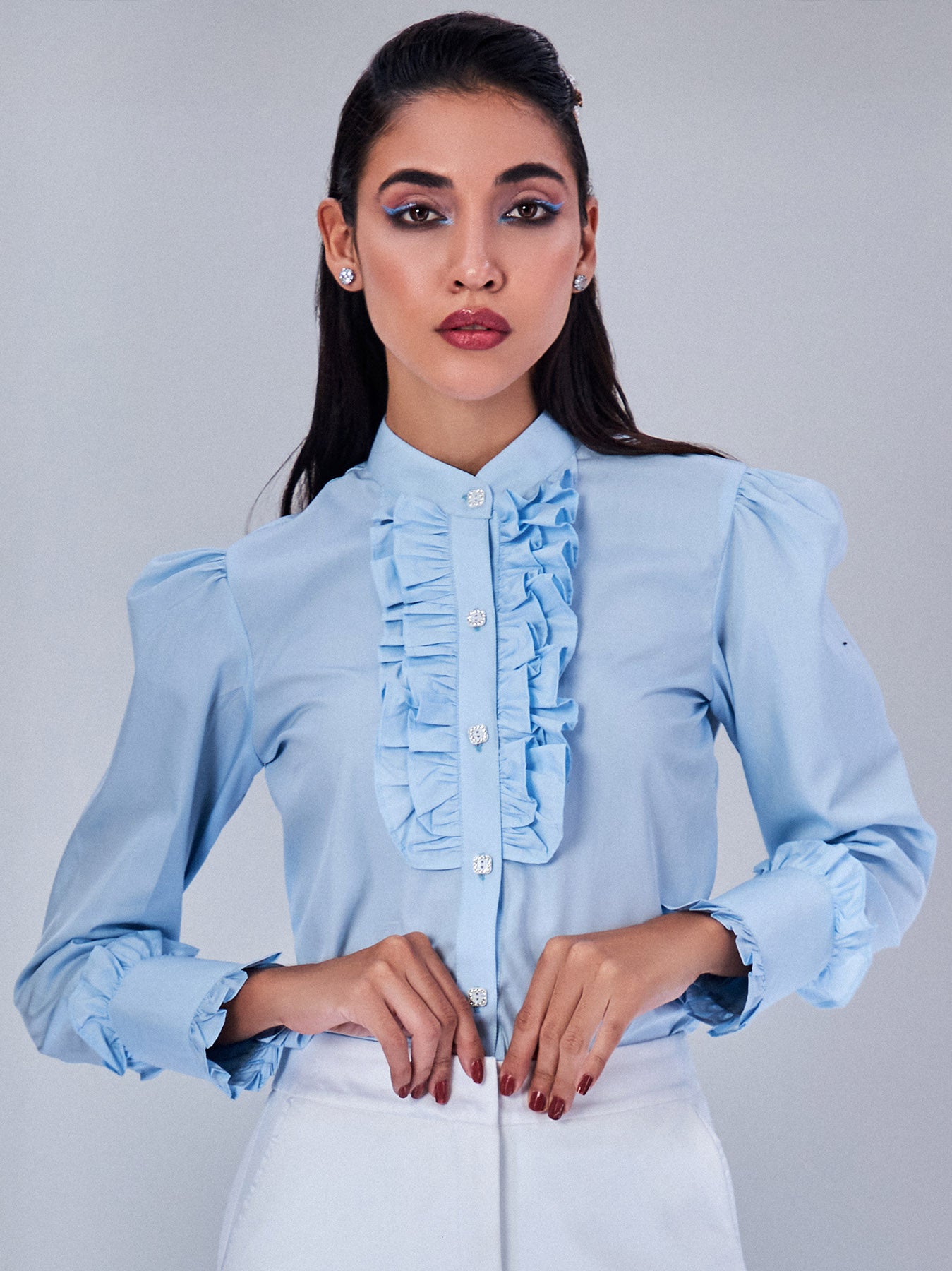 Buy Sky Blue Shirt with Ruffle Detailing | Women Shirt Online – PROT